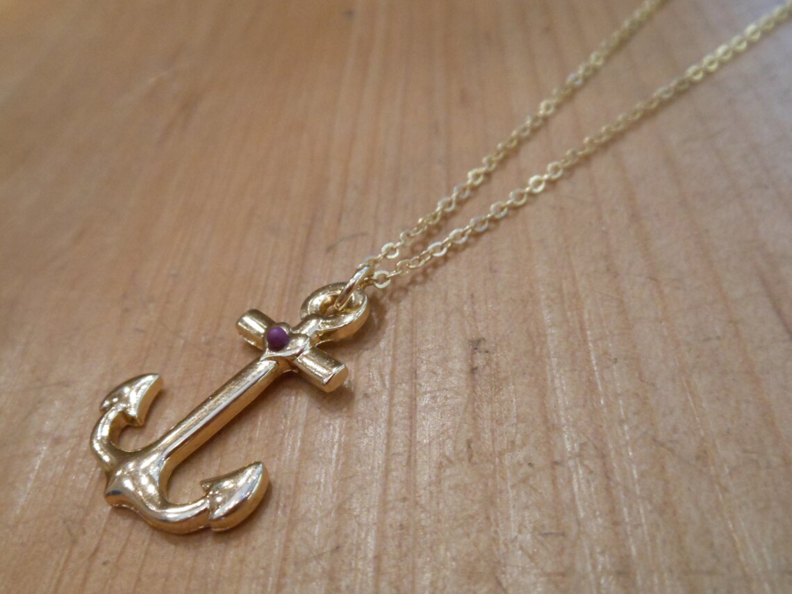 Gold Anchor Necklace - Shiny Gold Anchor Necklace With Purple Bead ...
