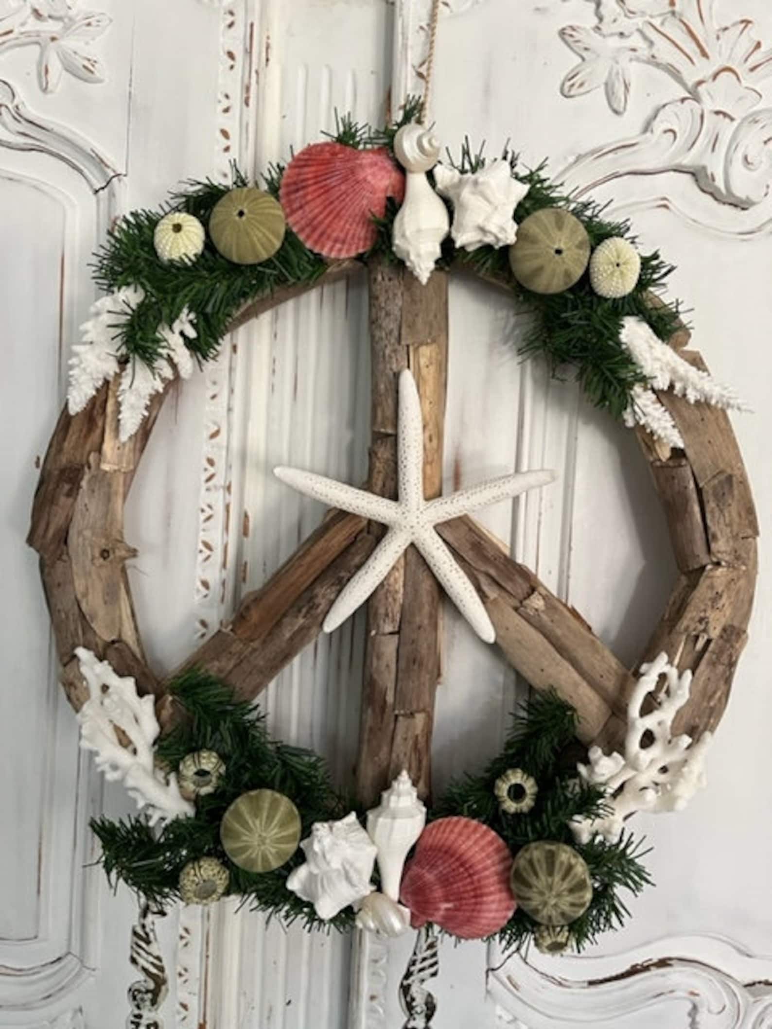 Beach Decor Driftwood Peace Sign Seashell Wreath - Starfish and Shell ...