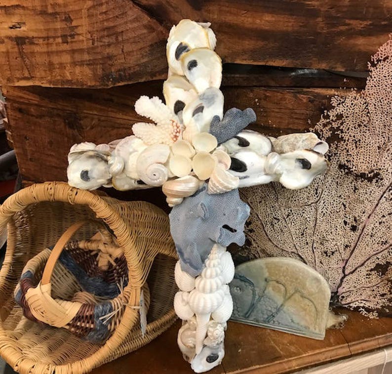 Oyster Shell Cross Embellished With Natural White & Blue Coral | Etsy