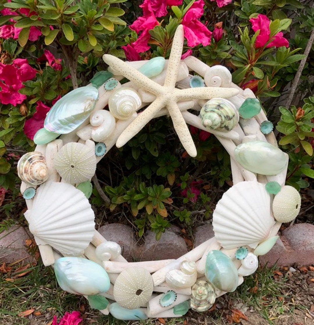 Beach Decor Seashell and Starfish Driftwood Wreath - Green & White ...