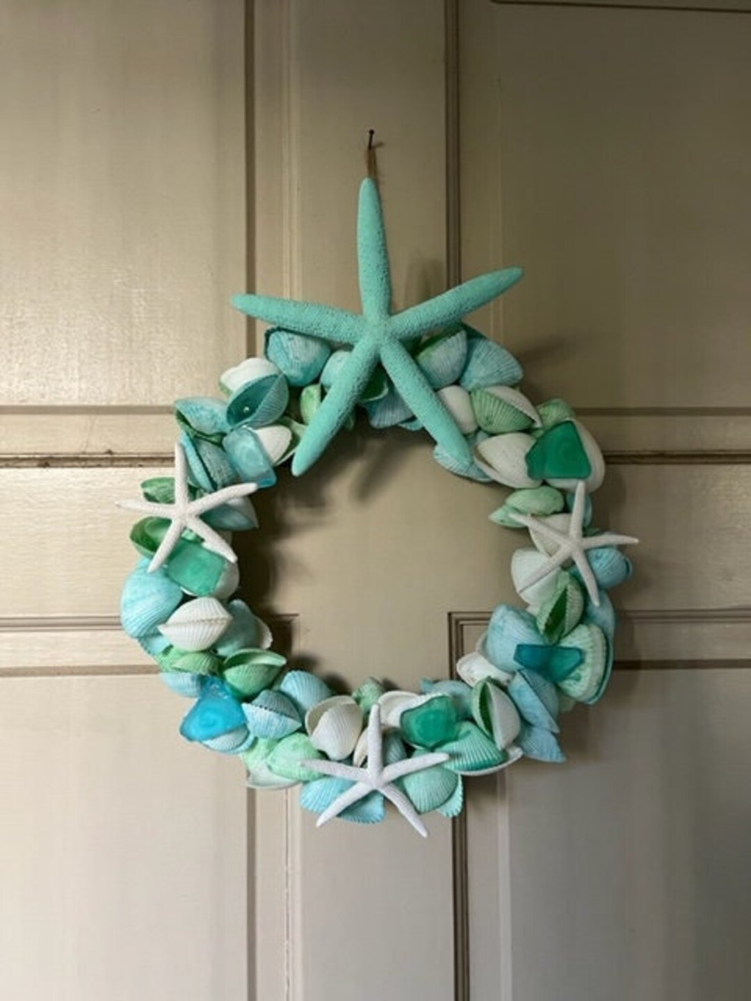 Beach Decor Blue Green Seashell and Starfish Wreath -dyed White Ark ...