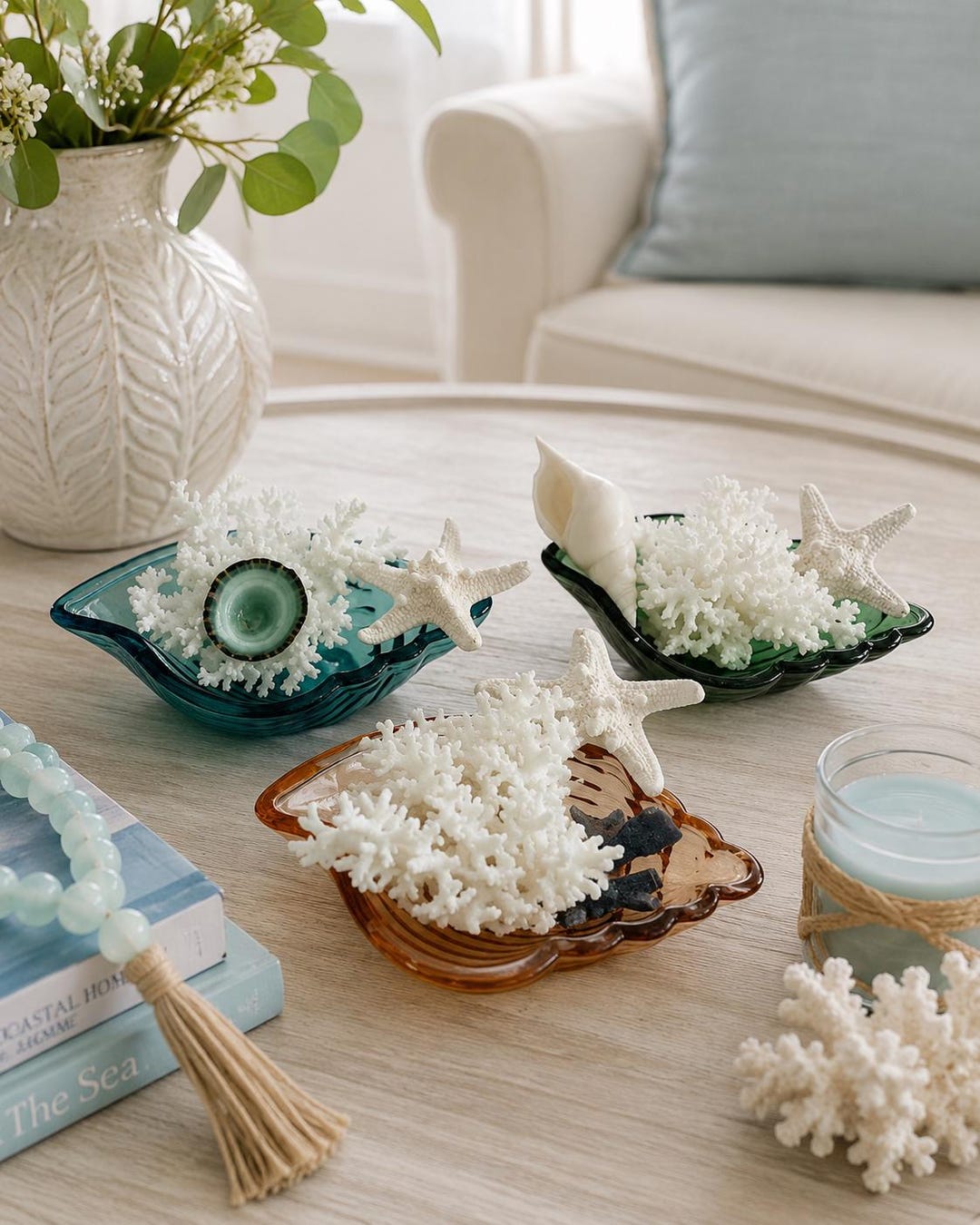 Beach Glass Conch Shell Bowl Centerpieces With Natural Seashells & Real ...