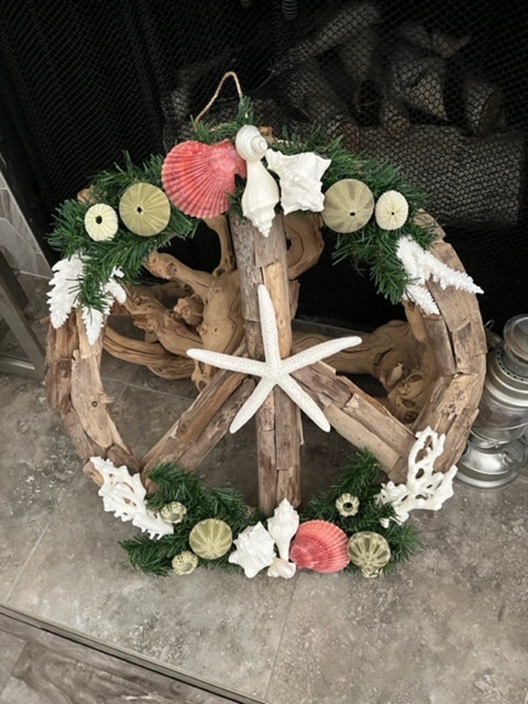 Beach Decor Driftwood Peace Sign Seashell Wreath - Starfish and Shell ...