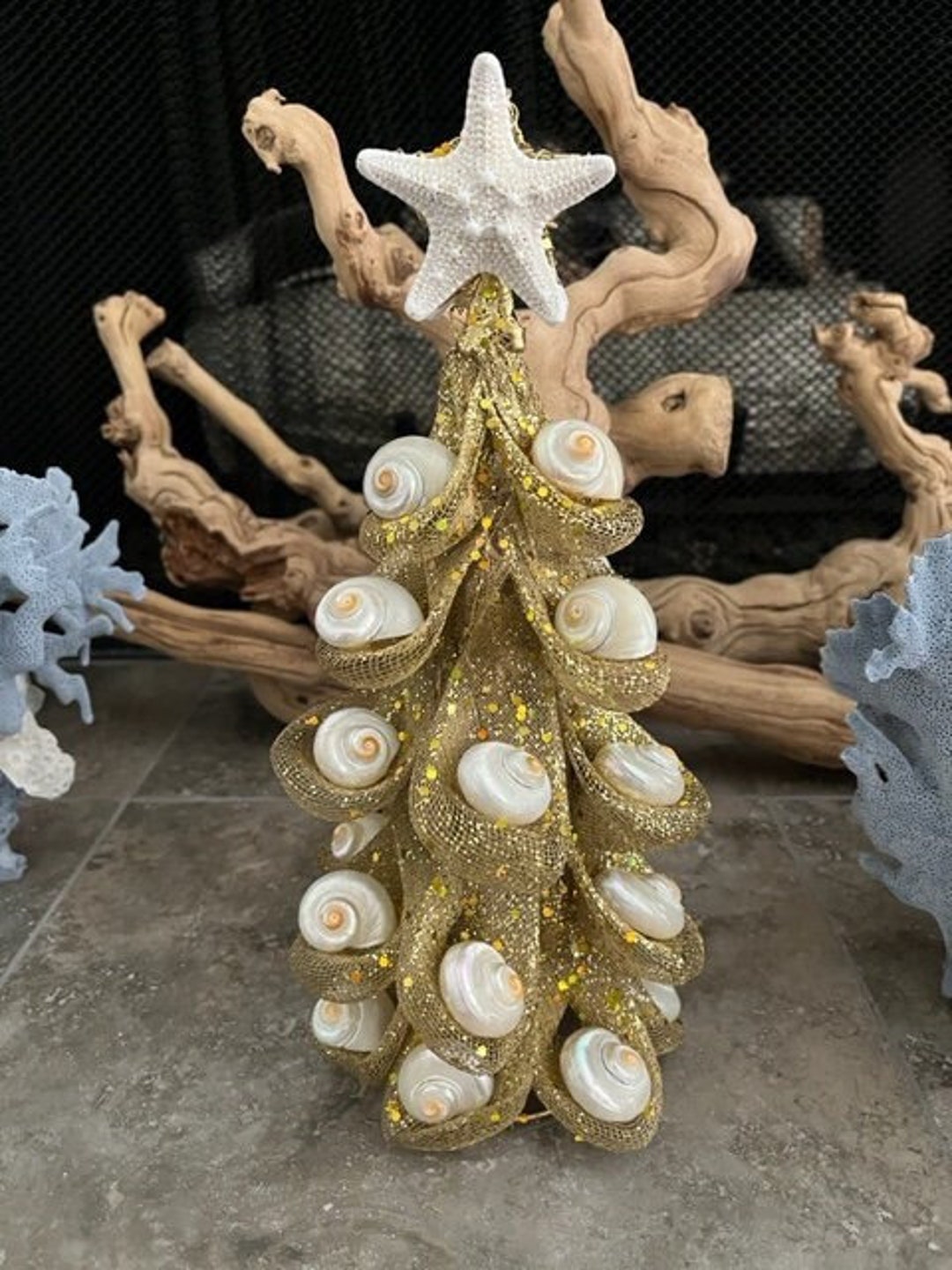 Beach Decor Coastal Christmas Tree - Embellished Gold Seashell and ...