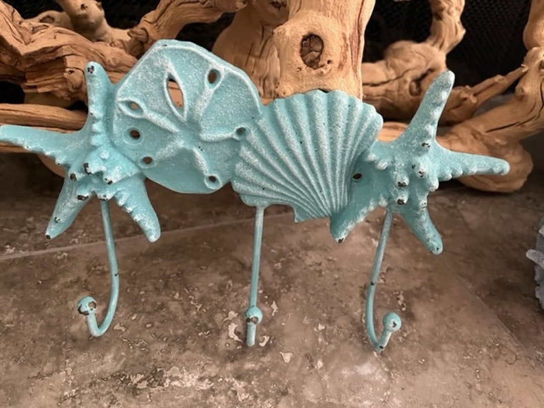 Beach Decor Blue Starfish and Shell Triple Wall Hook - Wall Hook ...