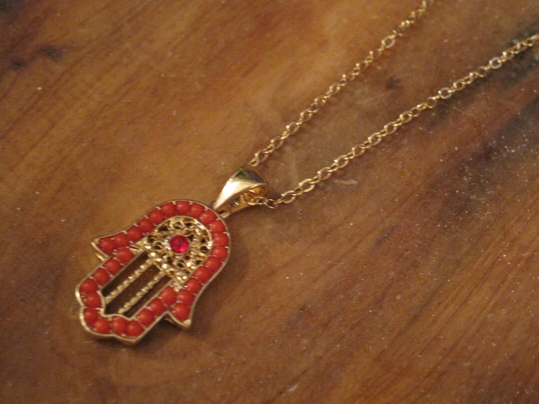 Hamsa Hand Necklace - Red Beaded Gold Hamsa Hand Necklace - Hand ...