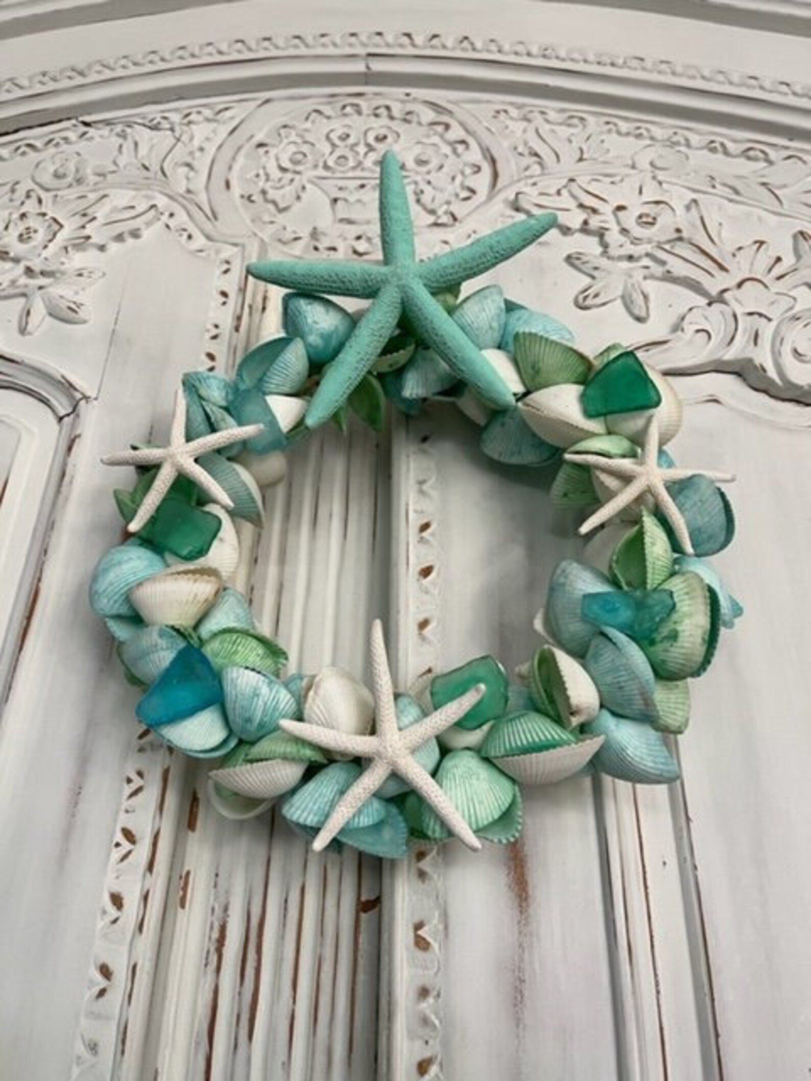 Beach Decor Blue Green Seashell and Starfish Wreath Dyed | Etsy