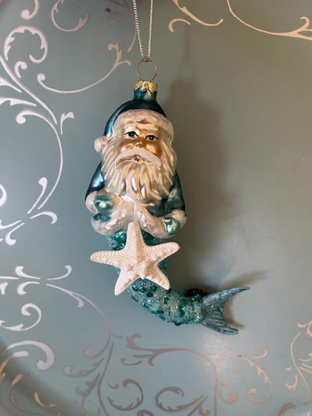 Beach Decor Christmas Glass Santa Merman Ornament - Mermaid Ornament ...