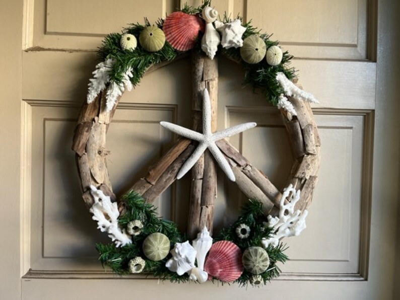 Beach Decor Driftwood Peace Sign Seashell Wreath Starfish - Etsy
