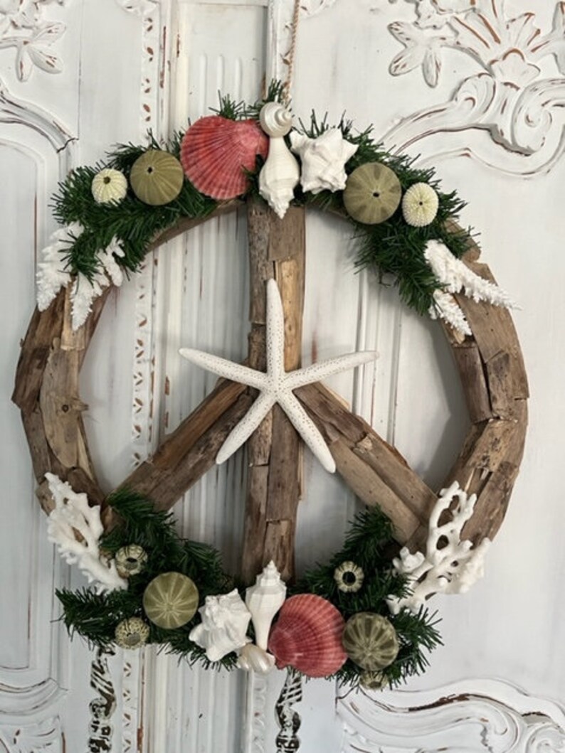 Beach Decor Driftwood Peace Sign Seashell Wreath Starfish - Etsy
