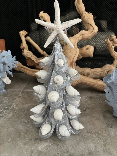 Beach Decor Coastal Christmas Tree - Embellished Silver Seashell and ...