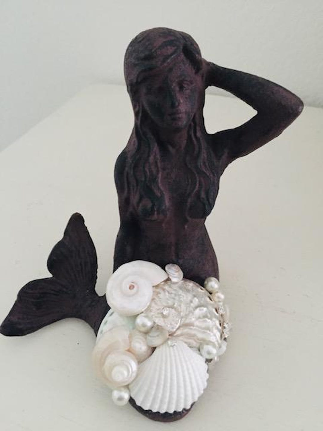Beach Decor Seashell Embellished Cast Iron Mermaid - Mermaid With ...