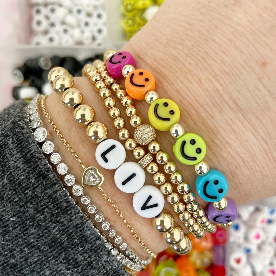 14k Gold Filled and Rainbow All Smiles Beaded Bracelet Happy Face ...