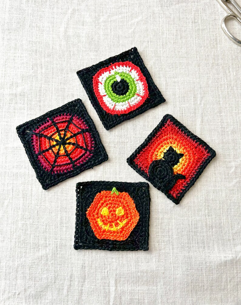 Halloween Granny Squares Crochet Pattern – Cat, Pumpkin, Eye & Web - Etsy