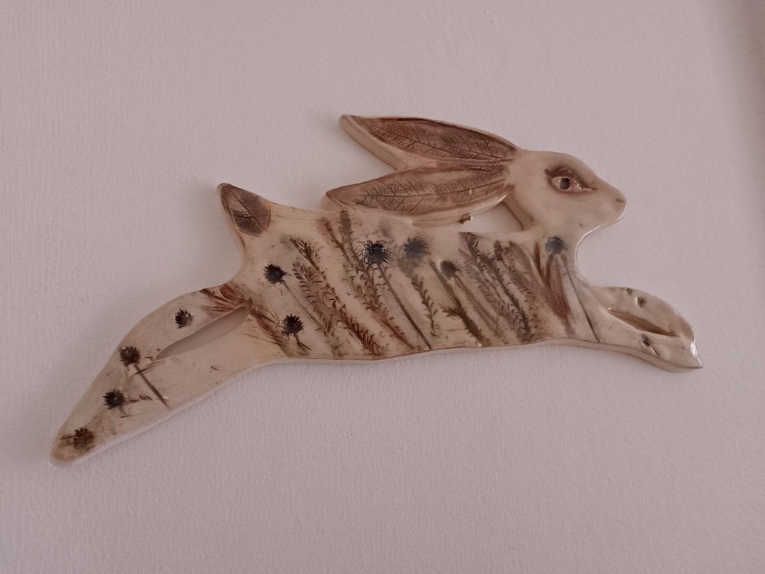 Rustic Ceramic Hare Plaque, Botanical Hare Ceramic Art, Handcrafted and ...