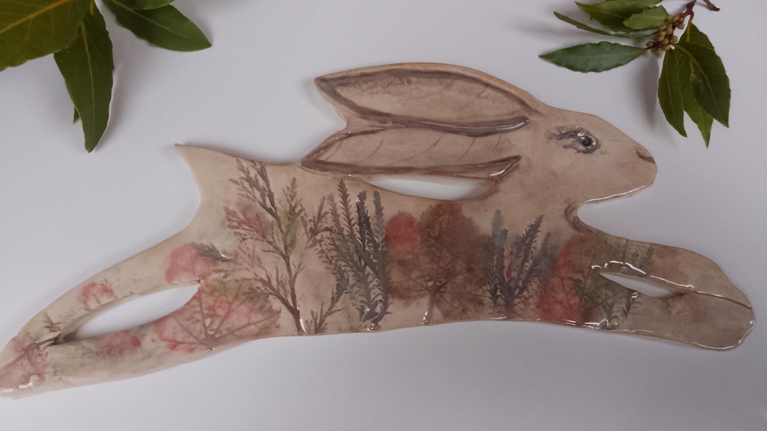 Rustic Ceramic Hare Plaque, Botanical Hare Ceramic Art, Handcrafted and ...