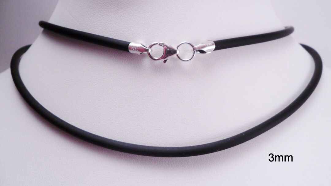 3mm Black Rubber Cord Necklace Sterling Silver Ends & Lobster Clasp ...