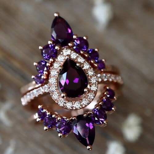 Teardrop Purple Amethyst Engagement Silver Ring Set Pear Halo - Etsy