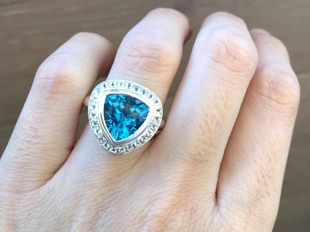 London Blue Topaz Triangle Large Ring- Blue Topaz Engagement Gemstone ...