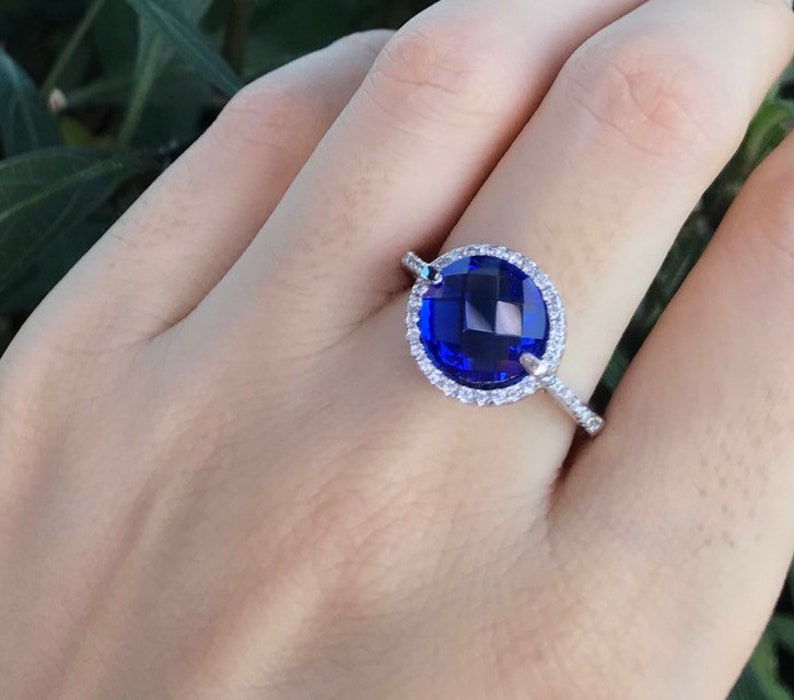 Lab Blue Sapphire Round Halo Engagement Ring Royal Blue - Etsy