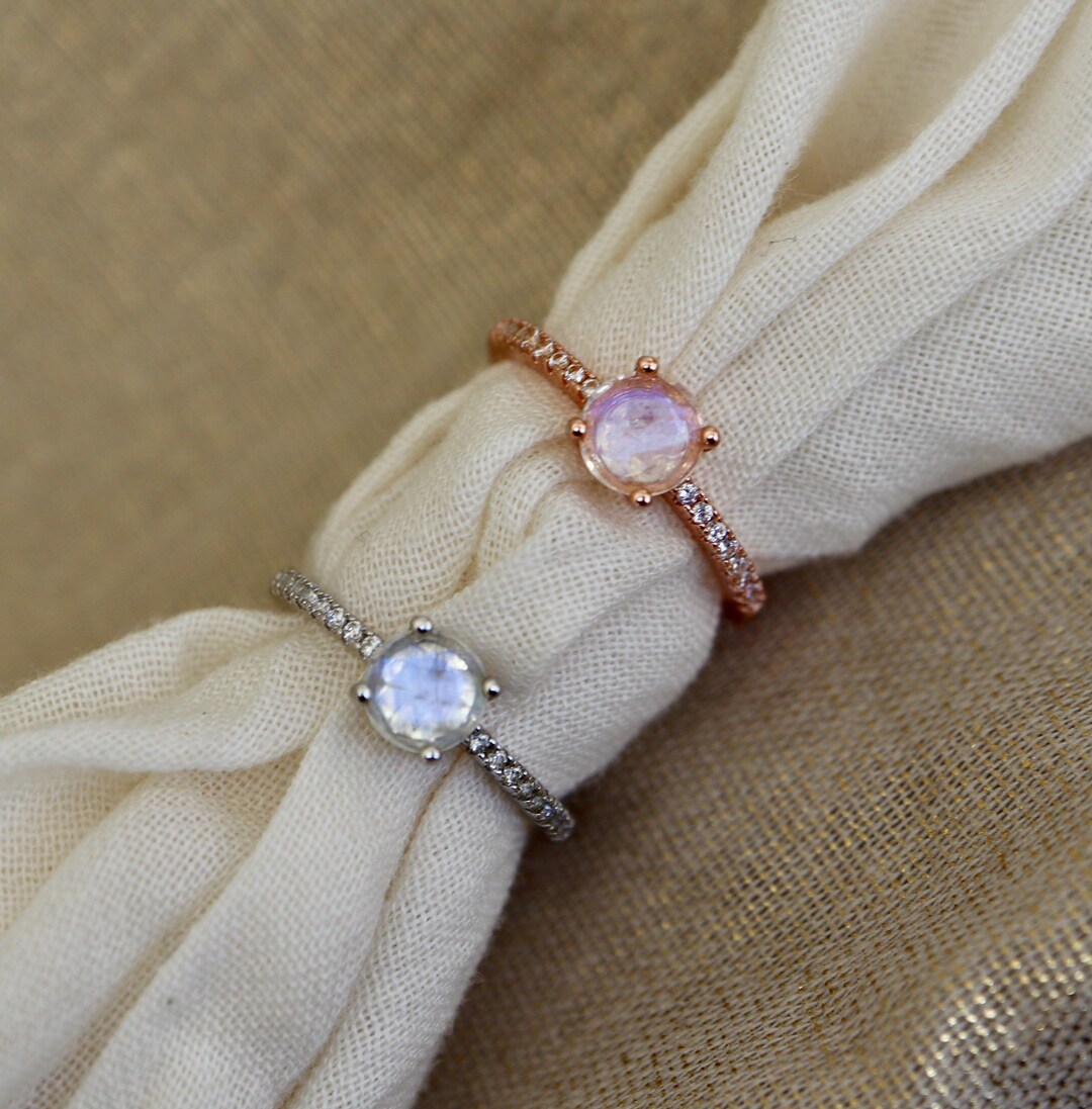 Round Genuine Moonstone Dainty Sterling Silver Prong Ring - Etsy