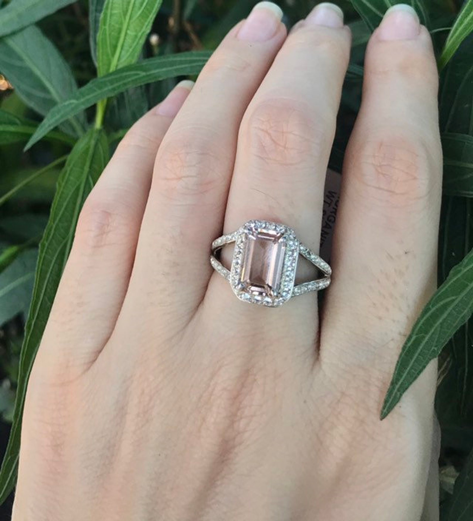 Morganite Genuine Rectangle Halo Engagement Ring- Morganite Emerald Cut ...