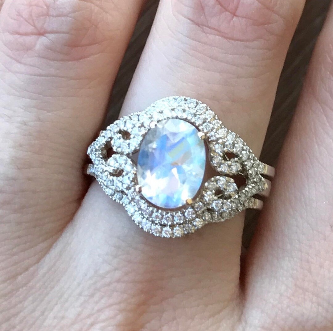 2ct Large Oval Moonstone With Diamond Halo Three Ring Set in Solid 14k ...