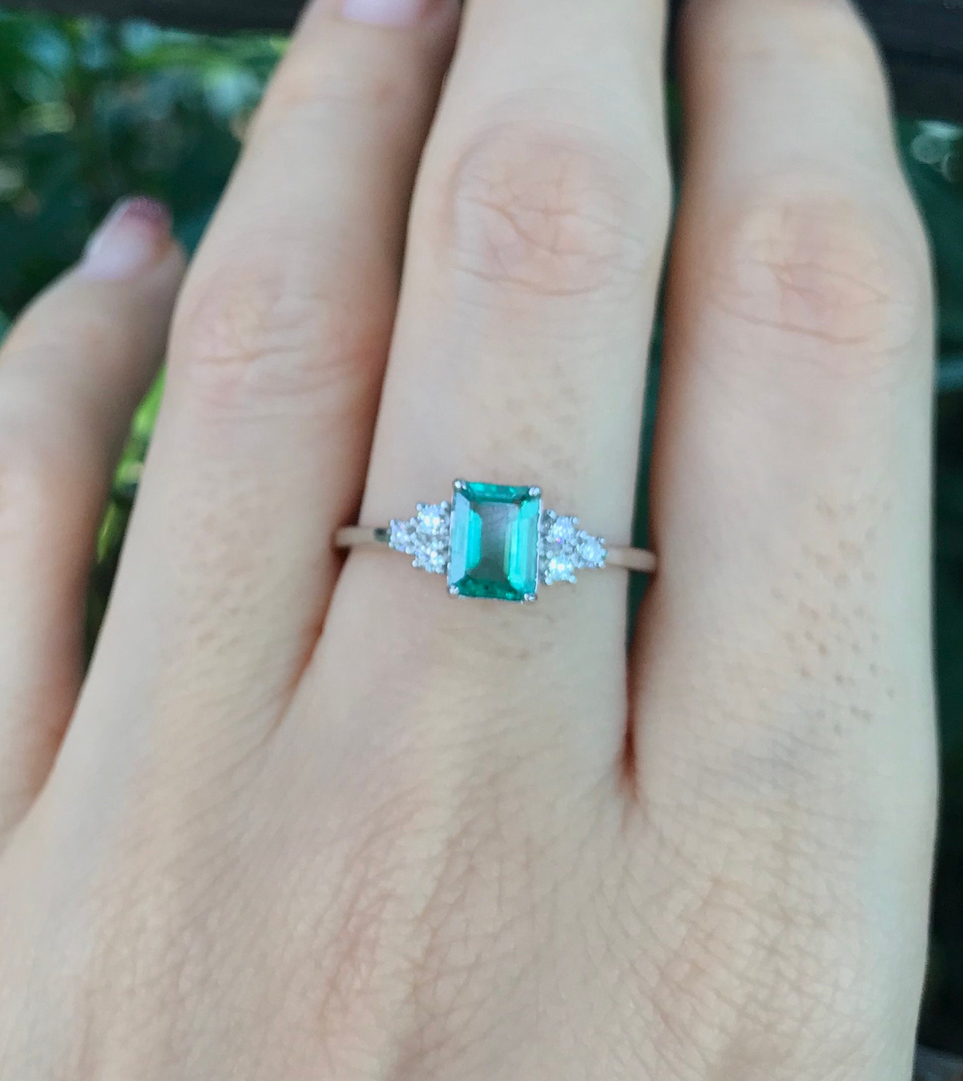 Genuine Emerald Diamond Promise Ring for Her- Emerald Rectangle Deco ...