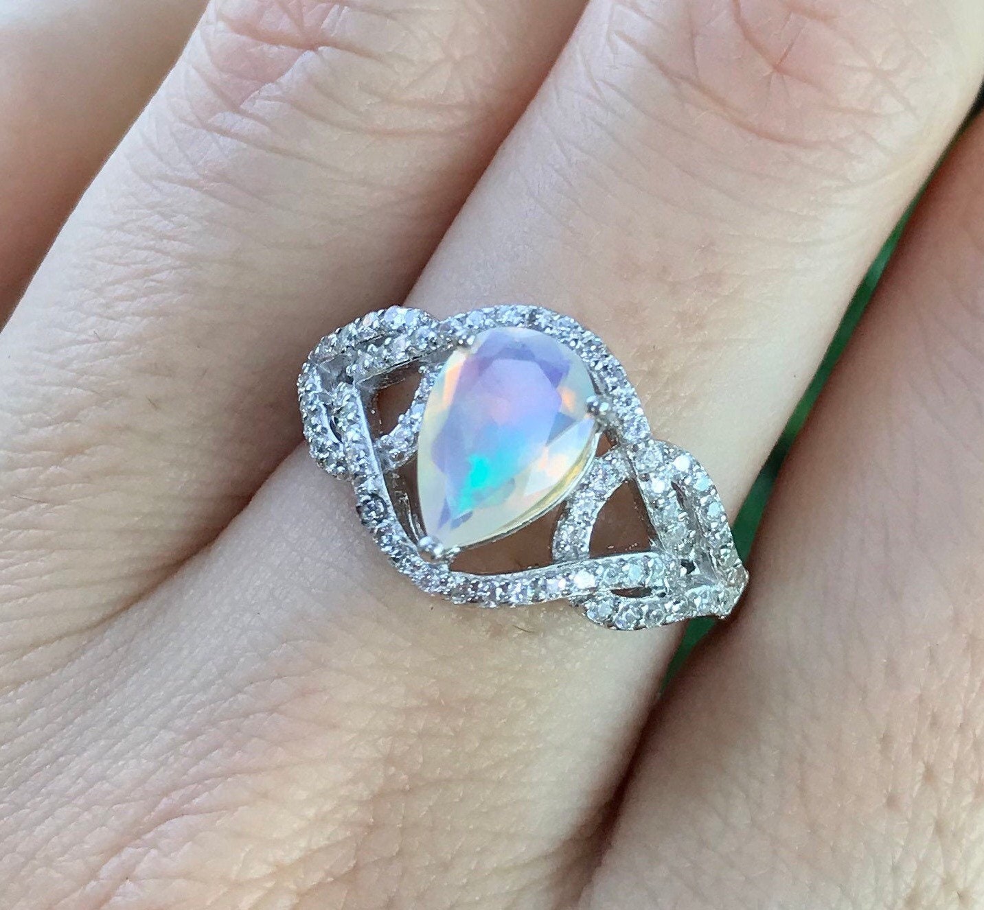 Pear Genuine Opal Deco Engagement Ring Teardrop Opal Statement Ring