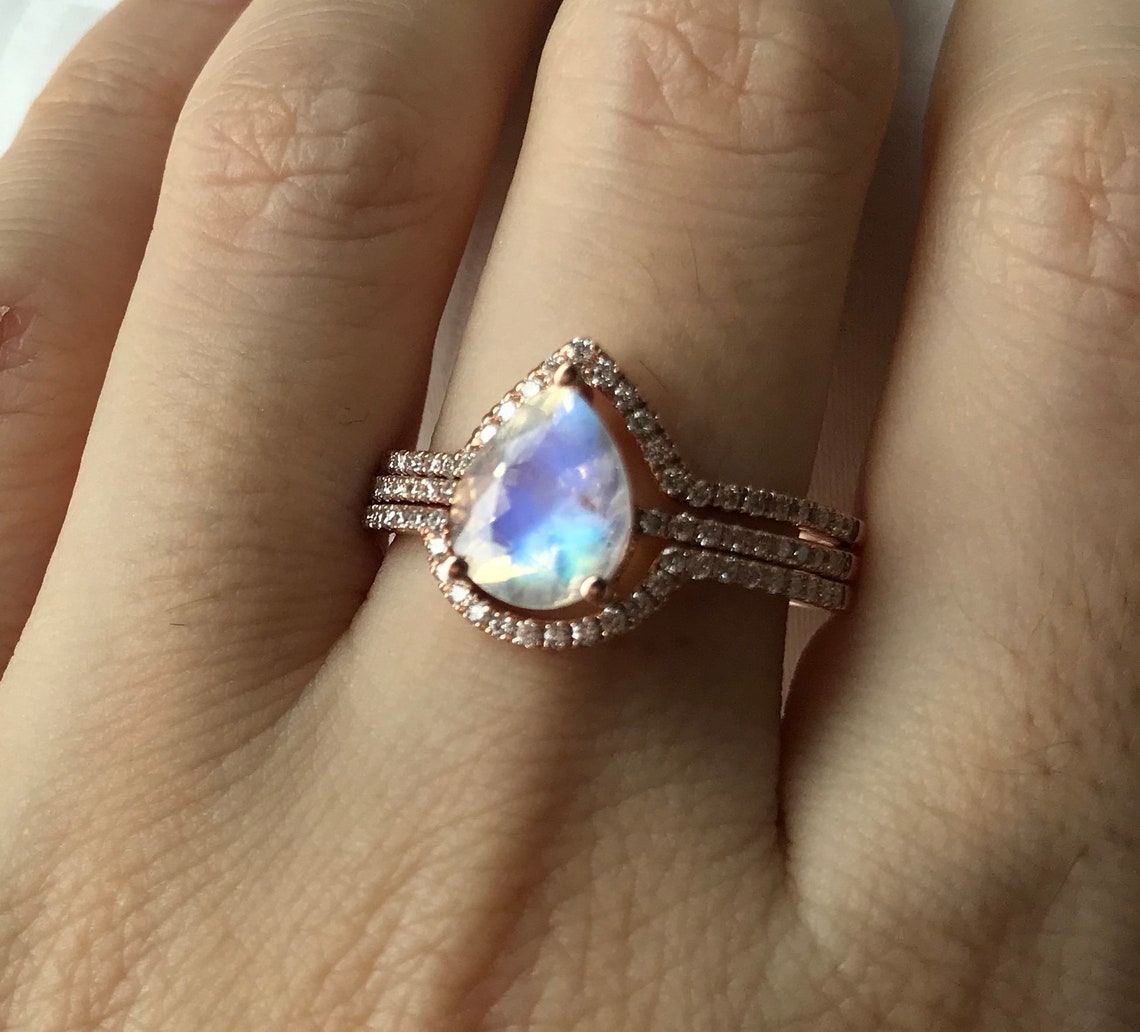 Moonstone Diamond Engagement Ring Set Rose Gold Moonstone | Etsy