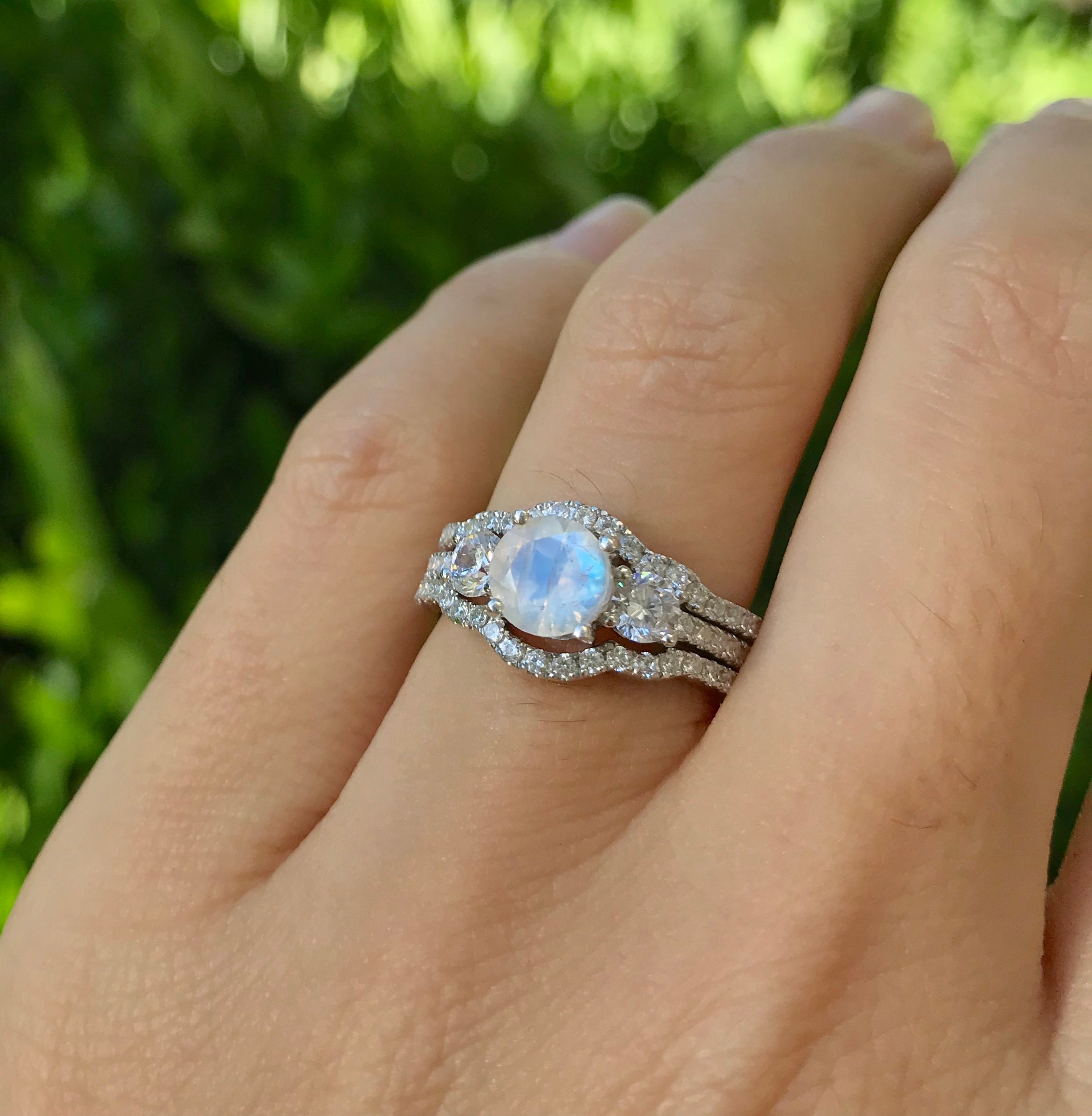 Moonstone Engagement 3 Vintage Ring Set Round Moonstone Etsy