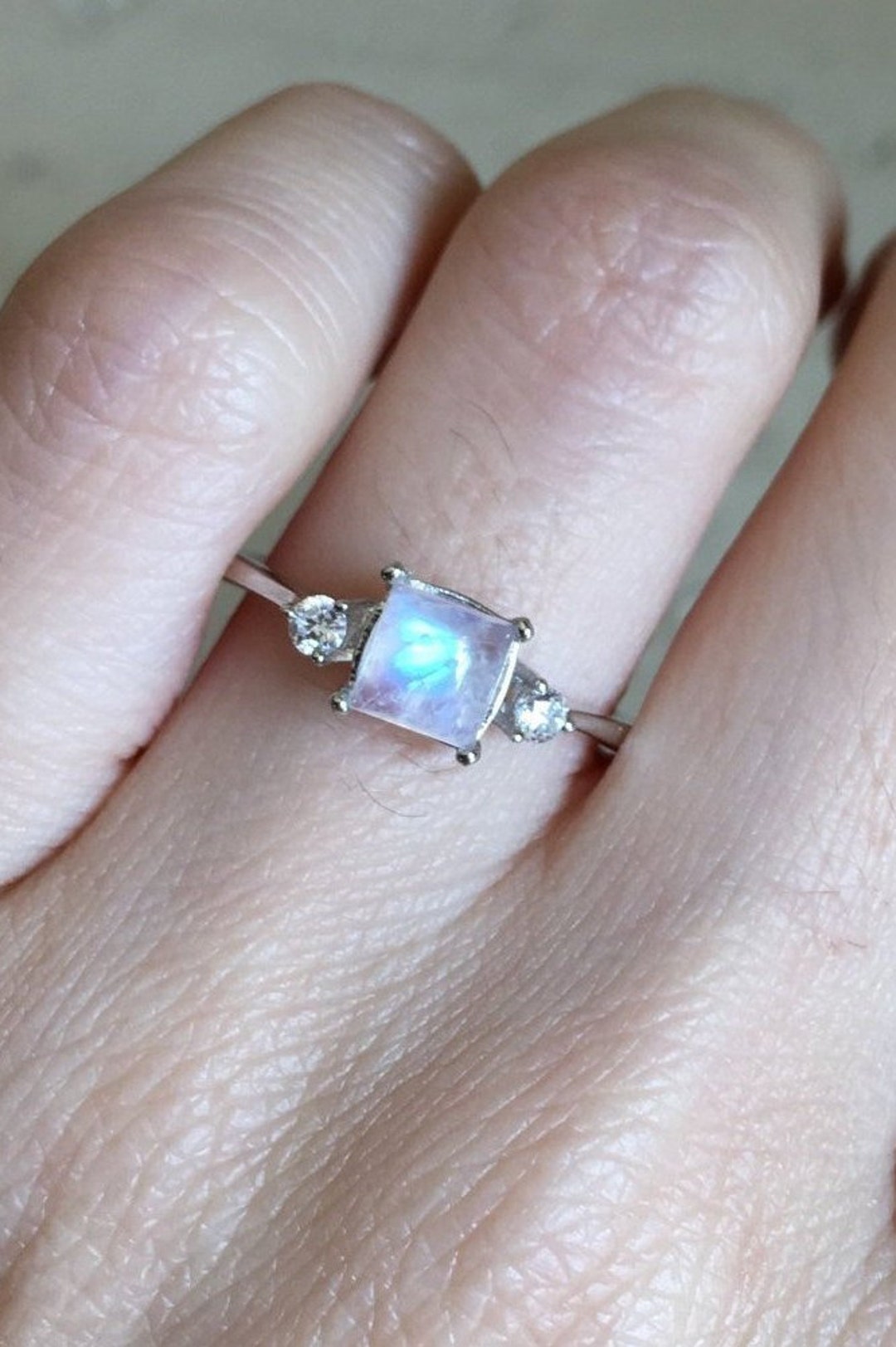 Square Moonstone Promise Ring for Her- Rainbow Moonstone Dainty Three ...
