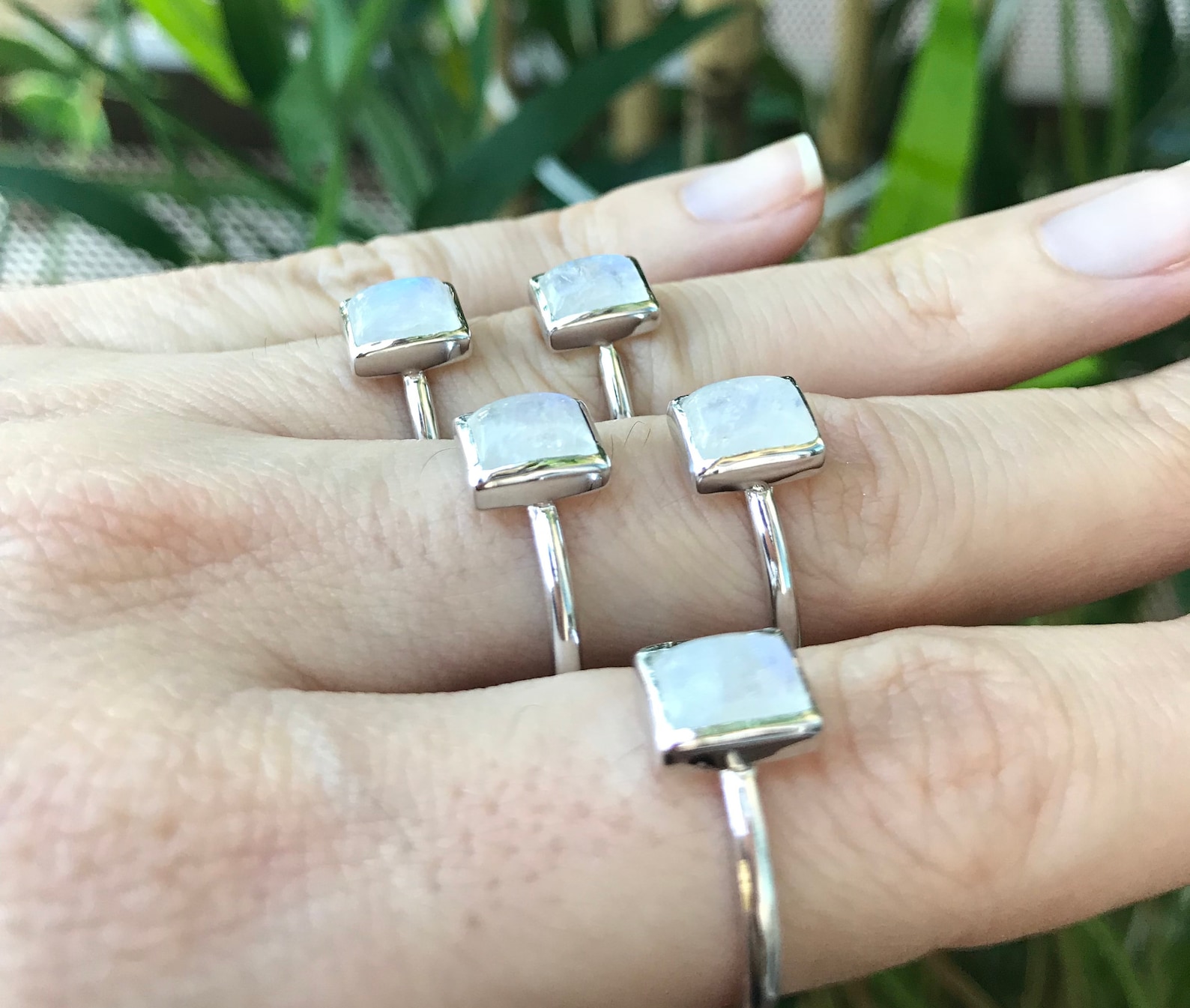 Rectangle Rainbow Moonstone Stack Ring Small Moonstone Silver - Etsy