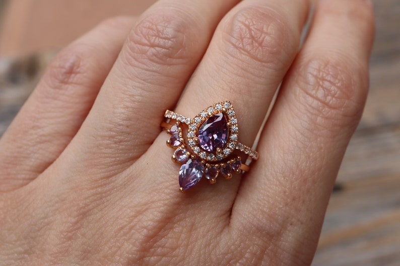 Teardrop Purple Blue Alexandrite Color Change Halo 2 Ring Set in Solid ...