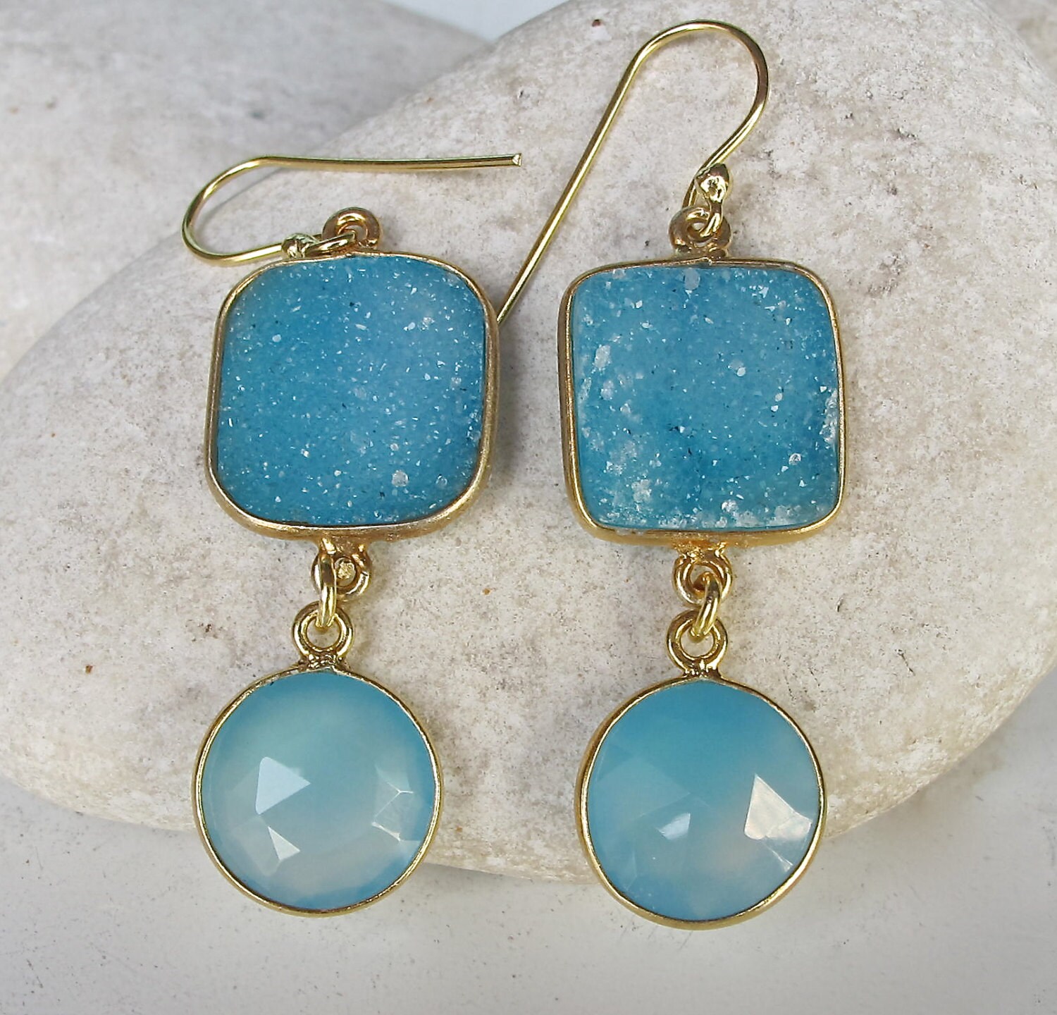 Blue Druzy Earring Gold Druzy Gold Dangle Drop Earring Handmade Blue