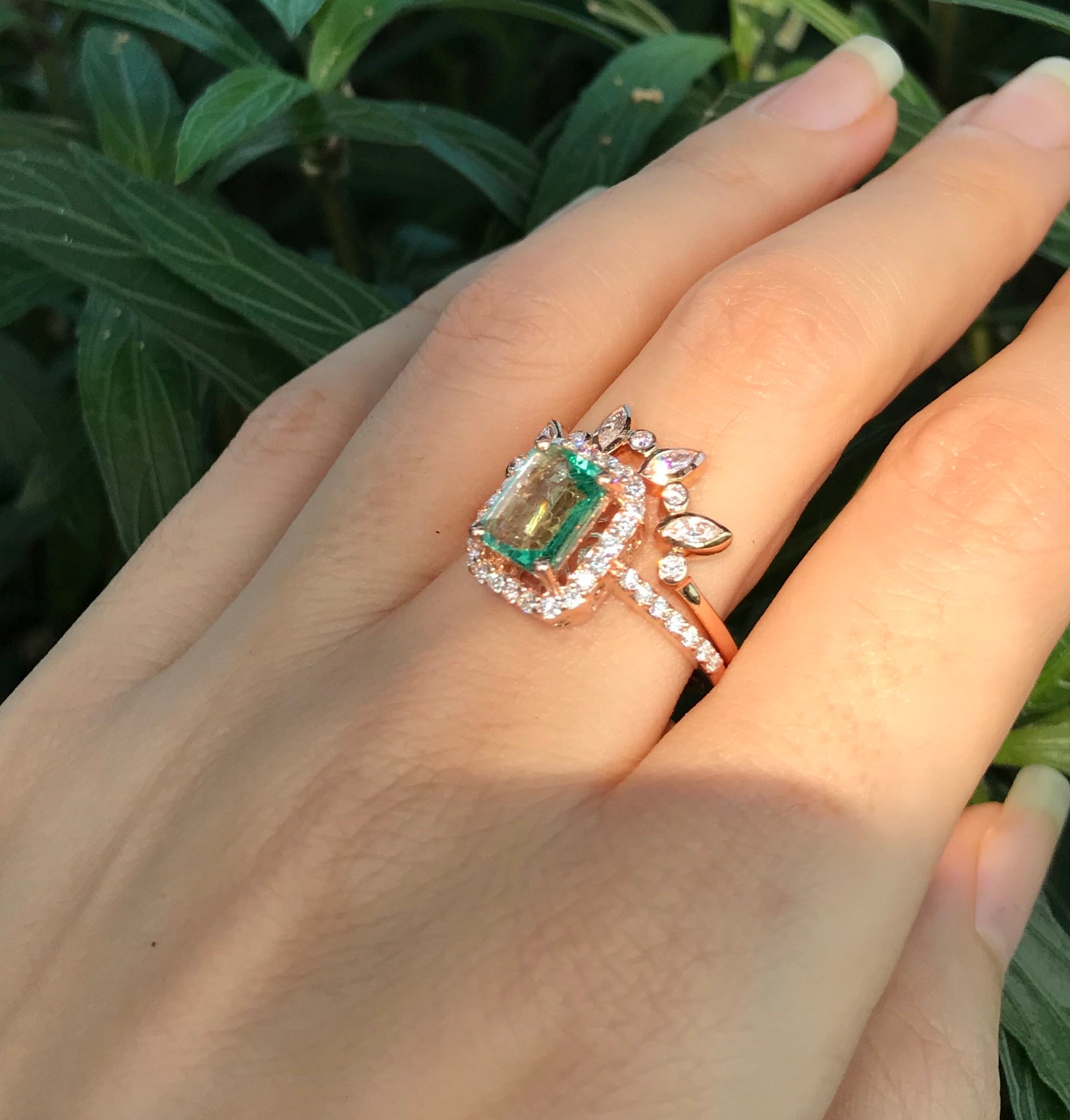 1.35ct Genuine Emerald Halo Engagement Ring Set 14k Large - Etsy