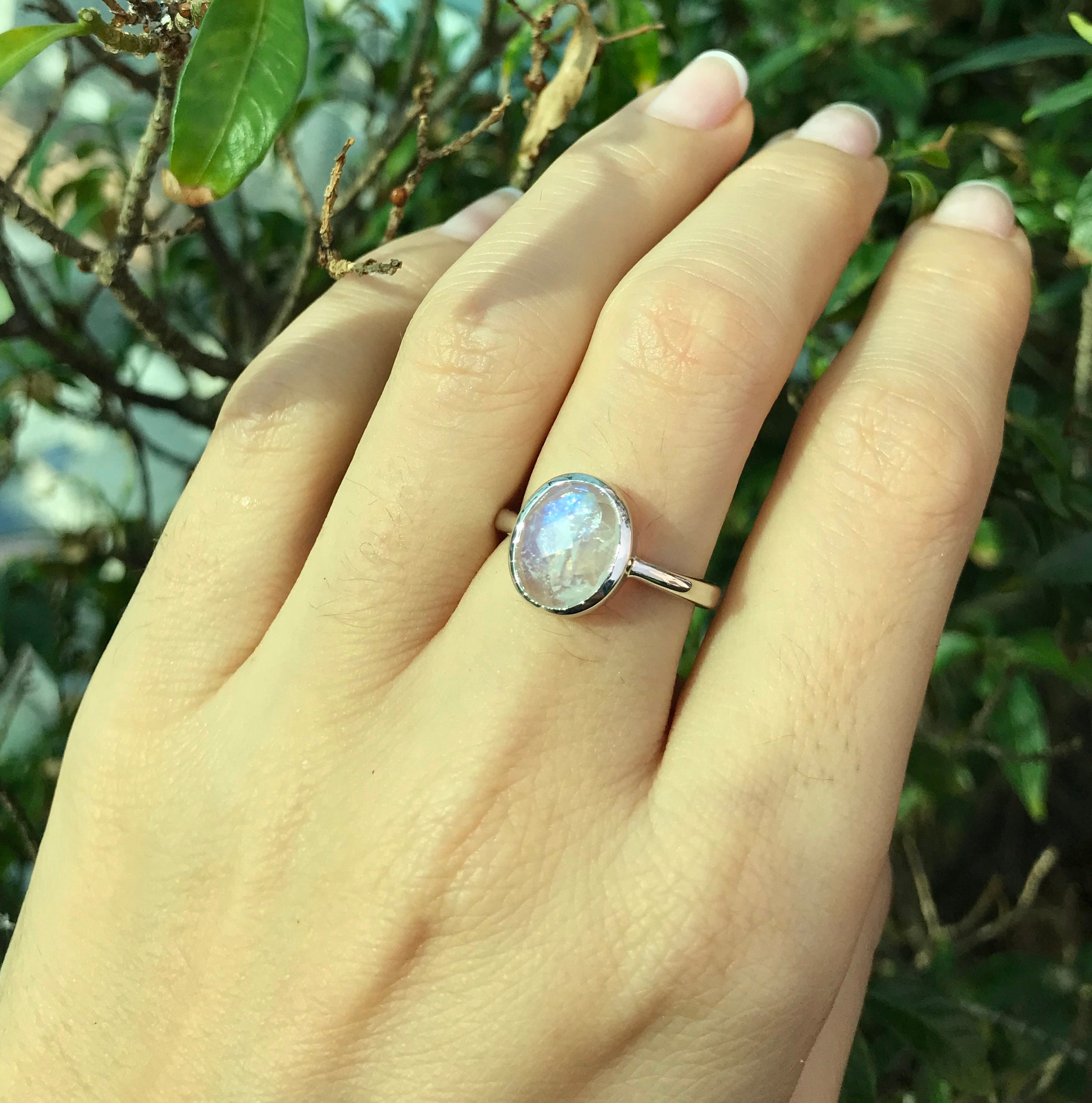 Rose Cut Oval Moonstone Ring- Rainbow Moonstone Silver Ring- Solitaire ...