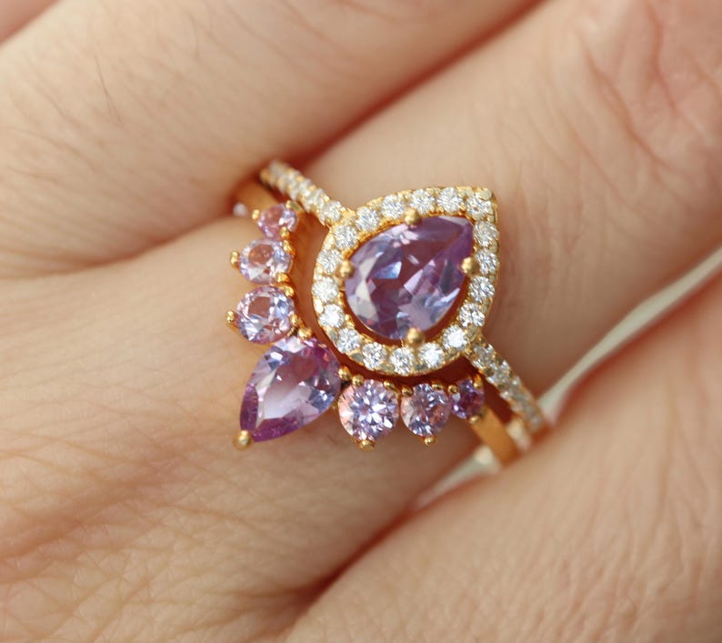 Teardrop Purple Blue Alexandrite Color Change Halo 2 Ring Set in Solid ...