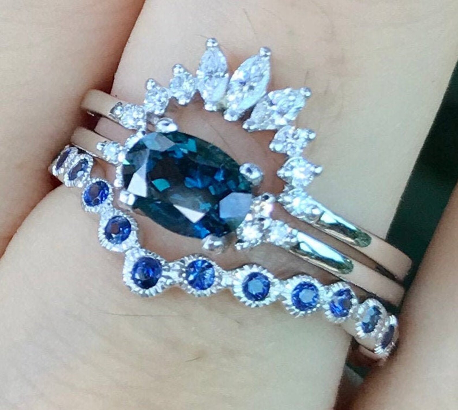 0.90ct Dark Blue Sapphire Engagement 3 Piece Ring Set Genuine | Etsy