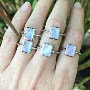 Rectangle Moonstone Silver Ring- Stackable Rainbow Moonstone Ring- Cabochon Moonstone Boho Ring ...
