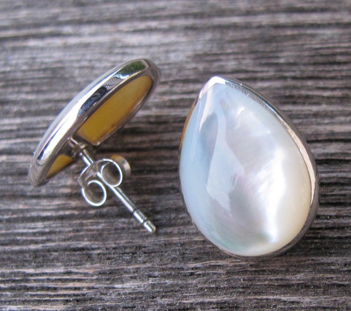 White Shell Tear Drop Stud Earring Real Shell Earring Natural | Etsy