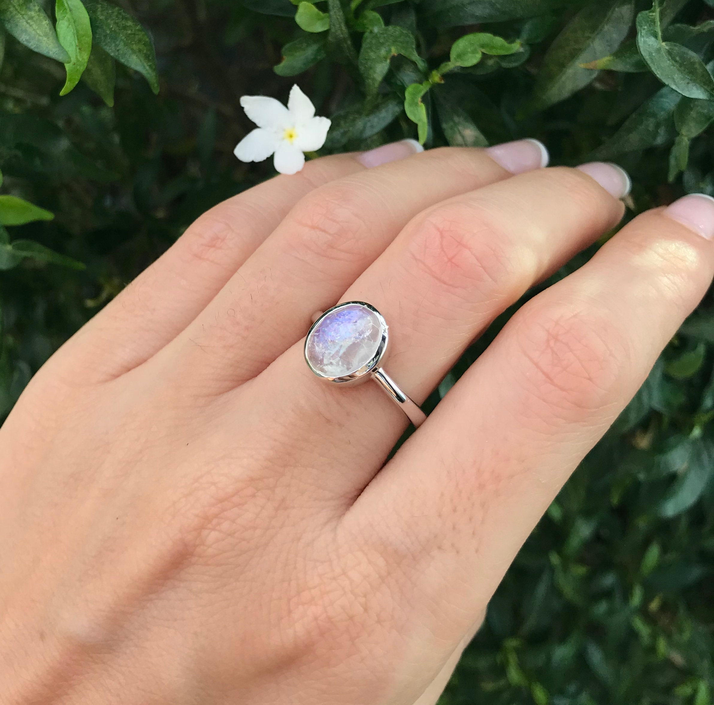 Rose Cut Oval Moonstone Ring- Rainbow Moonstone Silver Ring- Solitaire ...