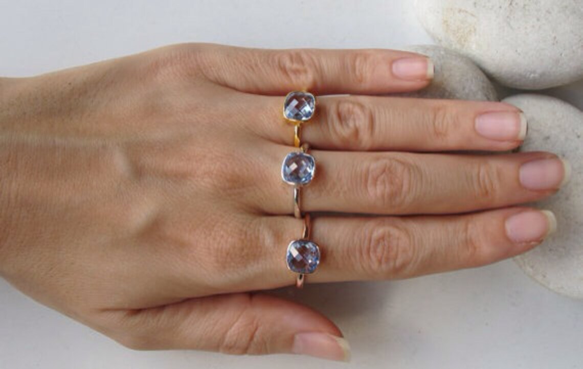 Square Blue Topaz Rose Ring- Stackable Something Blue Gold Ring ...
