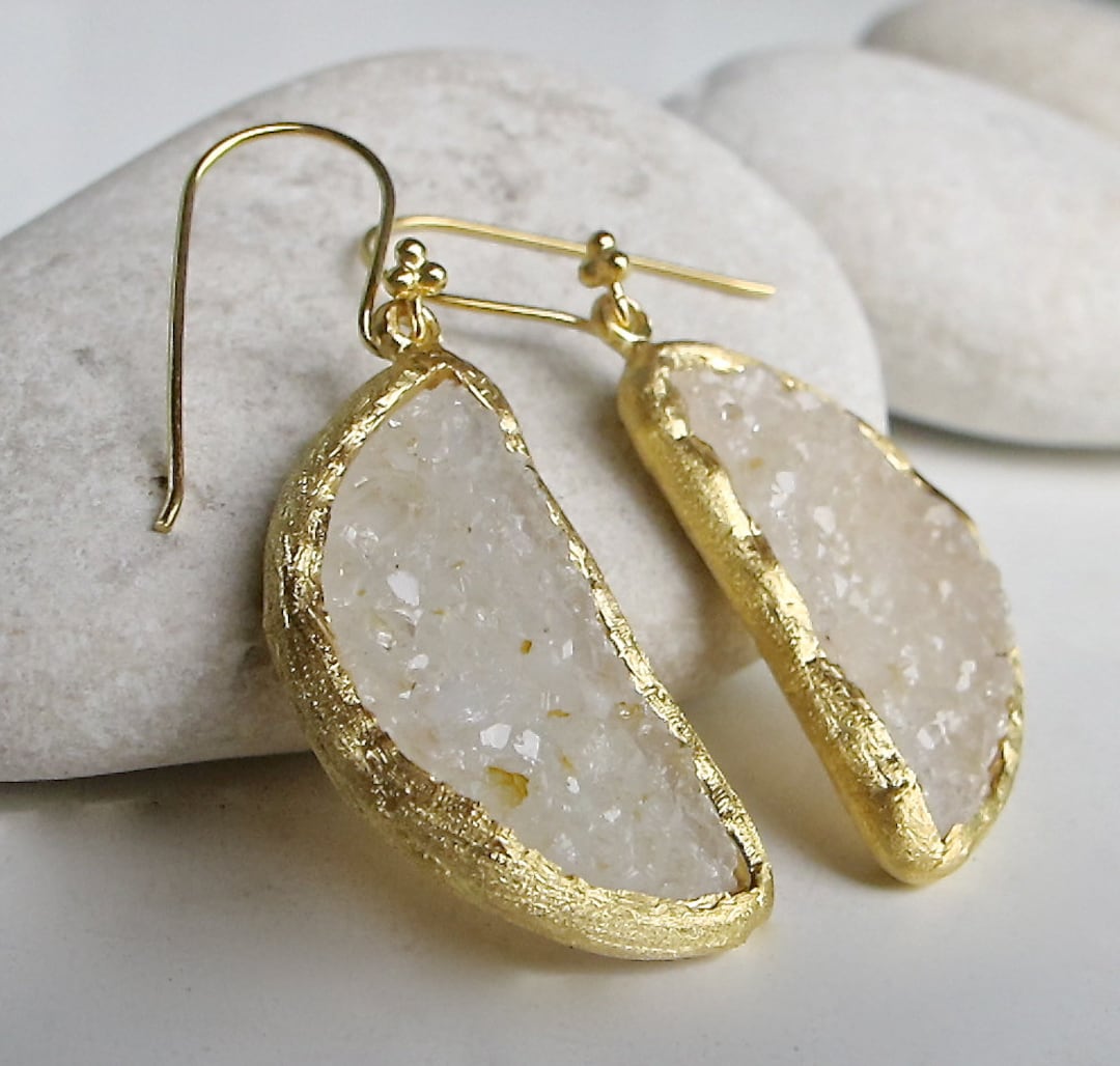 White Druzy Bridal Raw Earring- Raw Crystal Gold Dangle Earring- Large ...