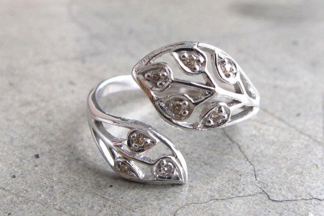 Diamond Leaf Engagement Ring- Leaf Promise Ring- Adjustable Double Ring ...