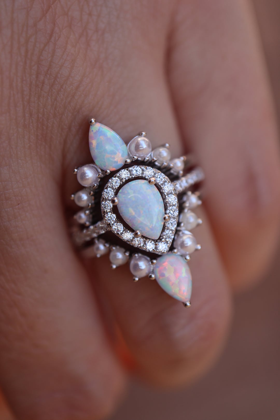 Teardrop Pearl and Rainbow Opal Engagement 3 Sterling Silver Ring Set ...