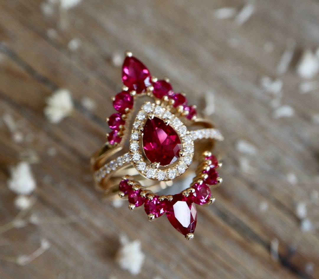 Teardrop Red Ruby Bridal 3 Ring Set 14k Solid Rose White - Etsy