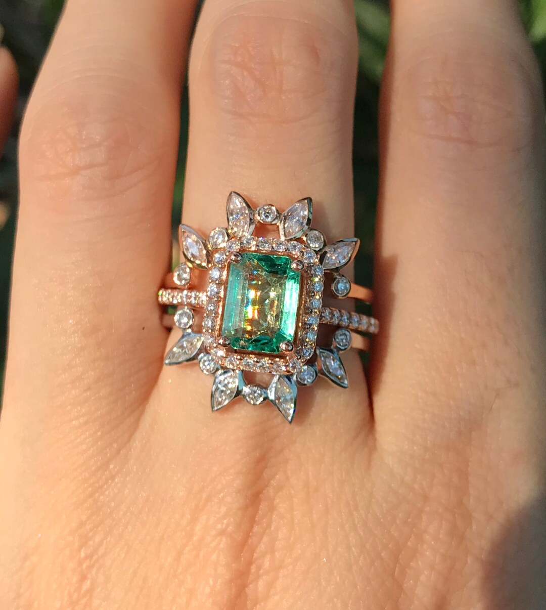 1.35ct Genuine Emerald Halo Engagement Ring Set- 14k Large Emerald ...