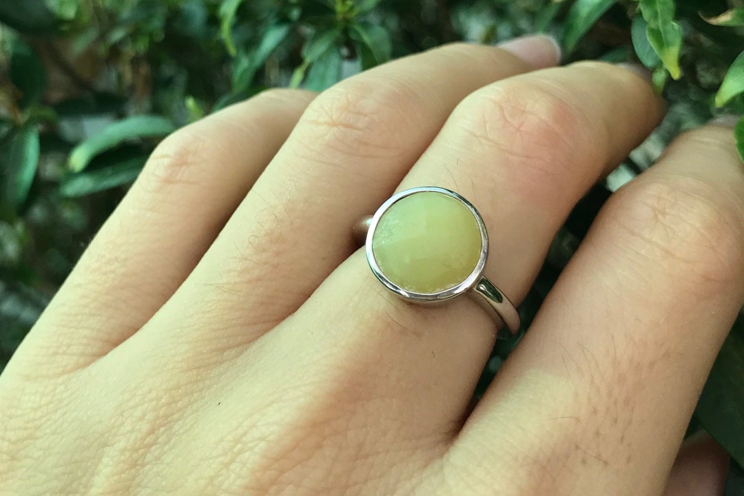 Round Yellow Serpentine Genuine Natural Gemstone Ring- Stackable Yellow ...