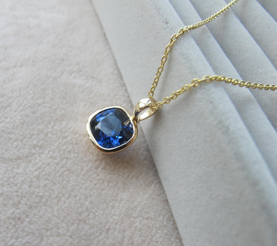 Blue Sapphire Square 14k Gold Necklace- Cushion Sapphire Simple ...